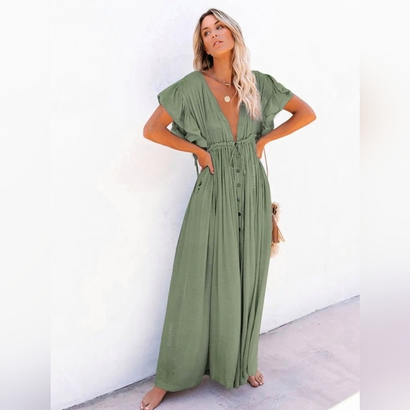 Dresses | New Boho Princess Flowy Gauze Cover Up Maxi Dress Sage Green ...